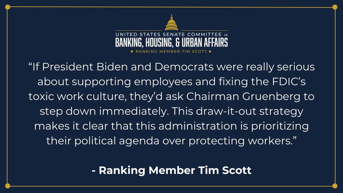 Scott Statement on FDIC Leadership | United States Committee on Banking ...